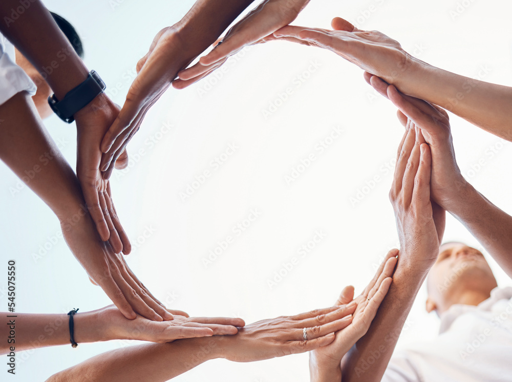 Teamwork, circle and synergy hands of business people with support ...