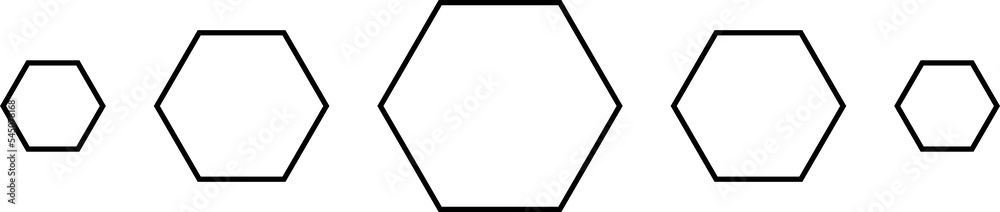 Five outlined black hexagon, honeycomb shapes, in a row, different ...