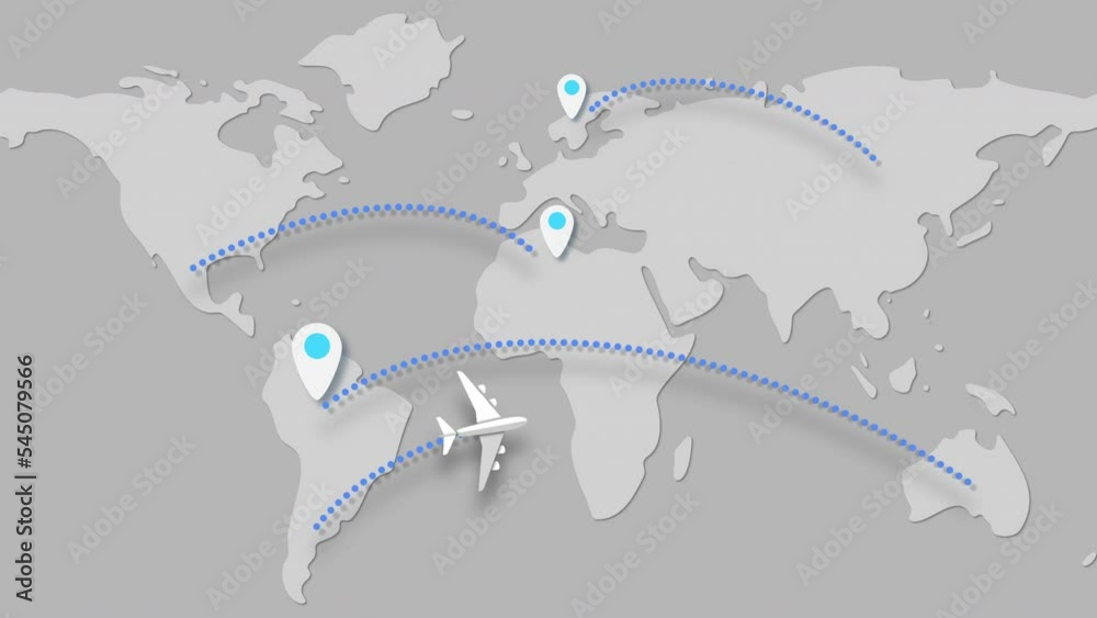 Plane flying on the world's map leaving a trail behind. The plane makes ...