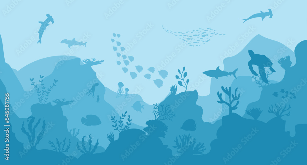 silhouette of coral reef with fish on blue sea background underwater vector illustration Stock ...