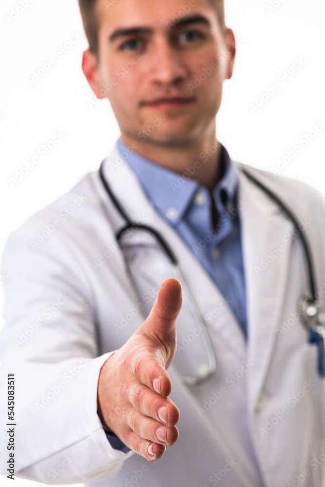 Portrait of a doctor holding out his hand as a support to a patient ...