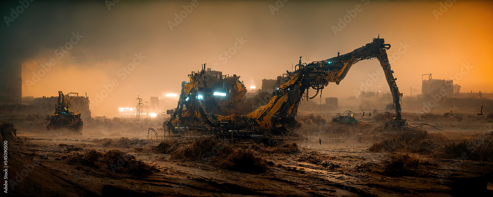 mining operation in the desert, futuristic excavator in the sandstorm ...