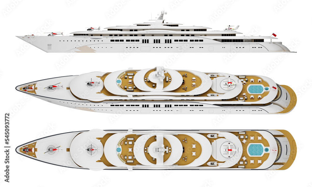 large long luxury yacht side and top view isolated. 3d rendering Stock ...