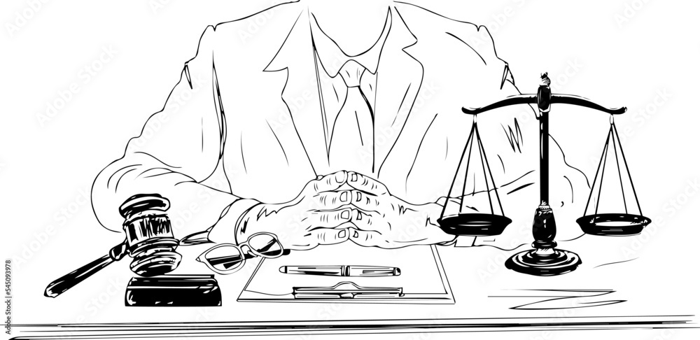 Advocate sitting on court desk vector and illustration, Serious mature ...