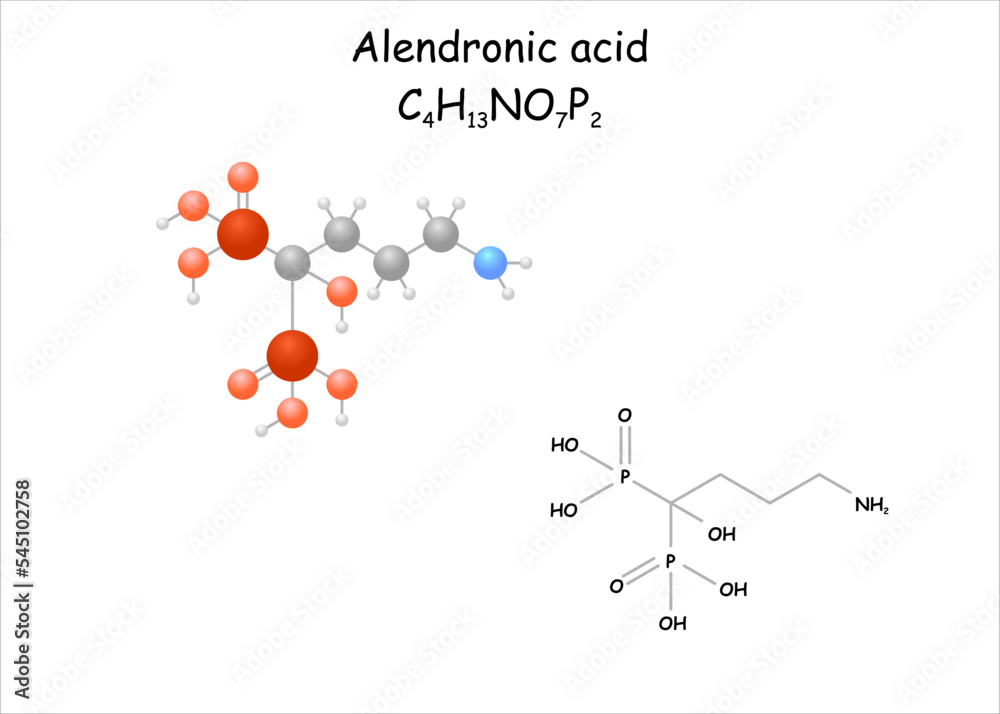 Stylized molecule model/structural formula of alendronic acid ...