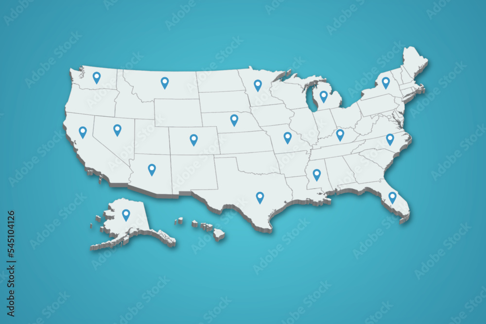 United State map 3D with location pin illustration on isolated ...
