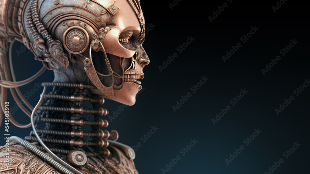 crazy female cyborg head with copper helmet, steampunk mohawk robot ...