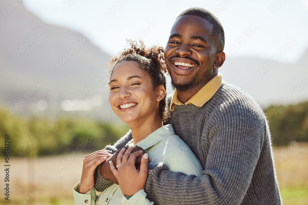 Love, couple and portrait of black people in nature on a loving, caring ...
