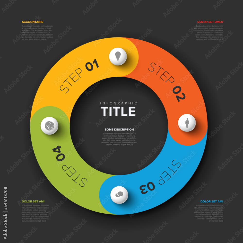 Poster Simple dark infographic cycle with four spheres with icons ...