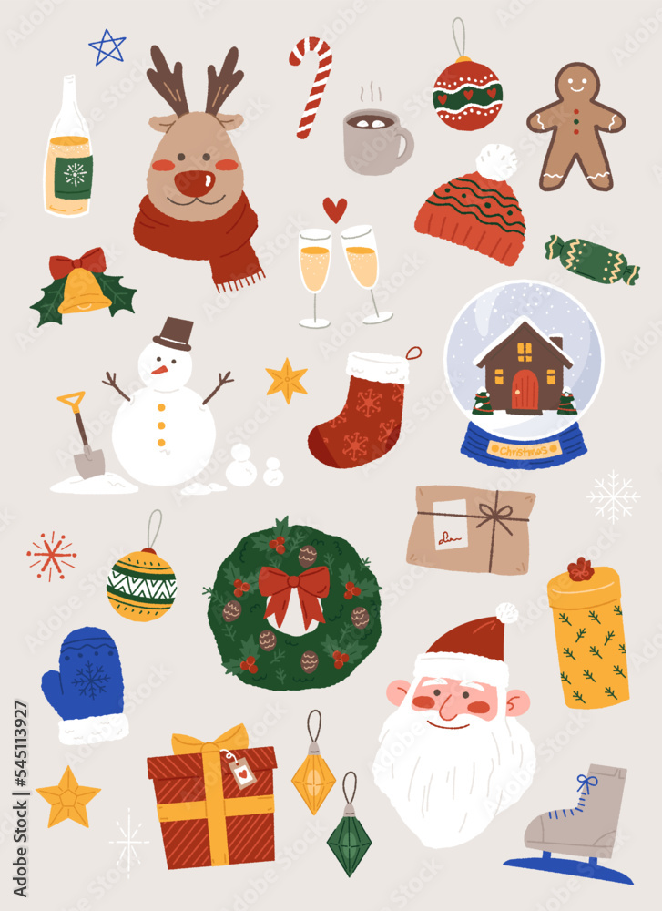 크리스마스 디자인 소스, 성탄절 일러스트, 산타클로스, 루돌프 손그림 Stock Vector | Adobe Stock