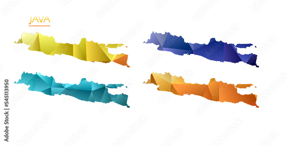 Set of vector polygonal maps of Java. Bright gradient map of island in ...