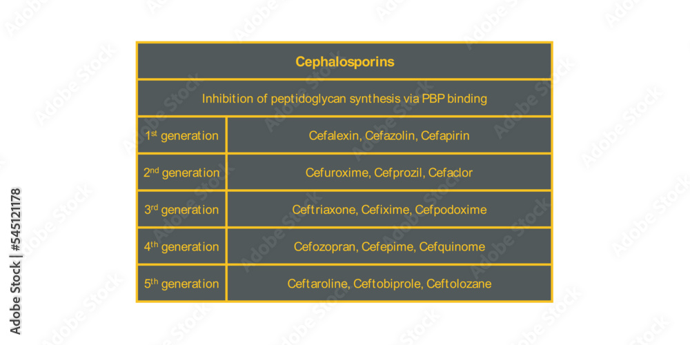 Table showing classification of Cephalosporin antibiotics by generation ...