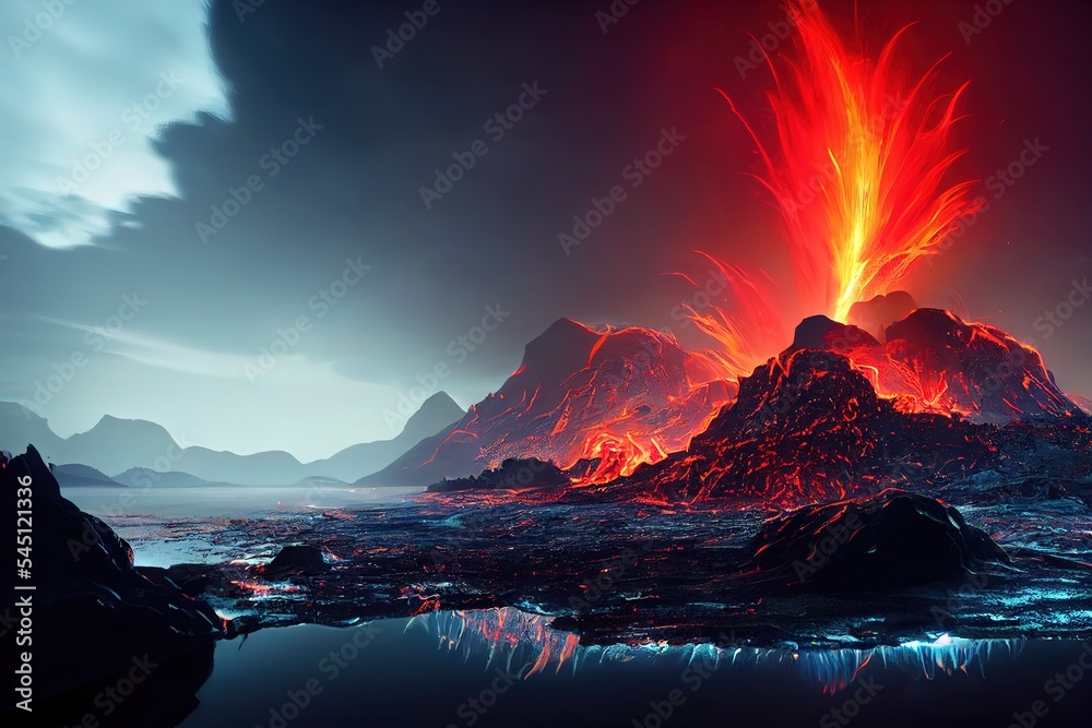 Night fantasy landscape with abstract mountains and island on the water ...