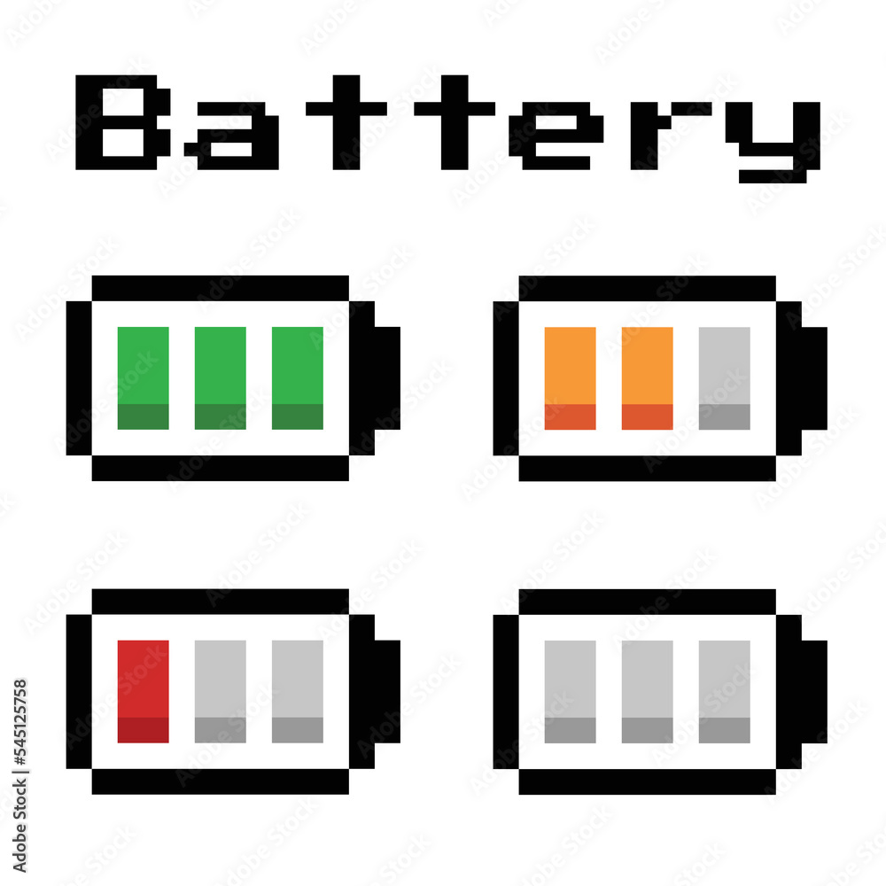 Battery charging process. Different Battery charge level. Set of pixel ...
