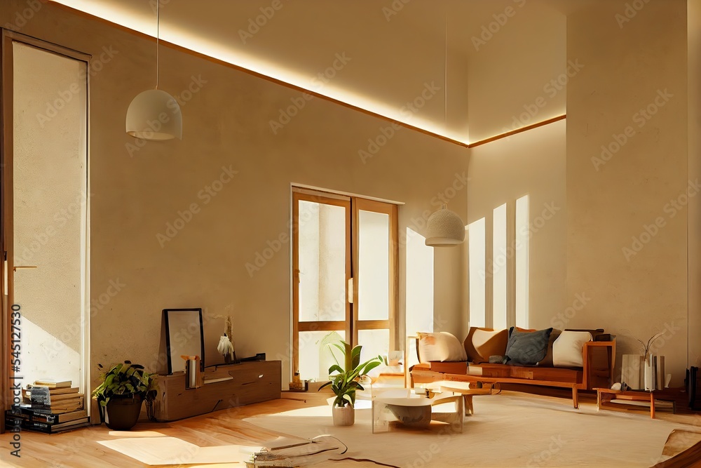 Japandi style loft living room interior with scandinavian elements and ...