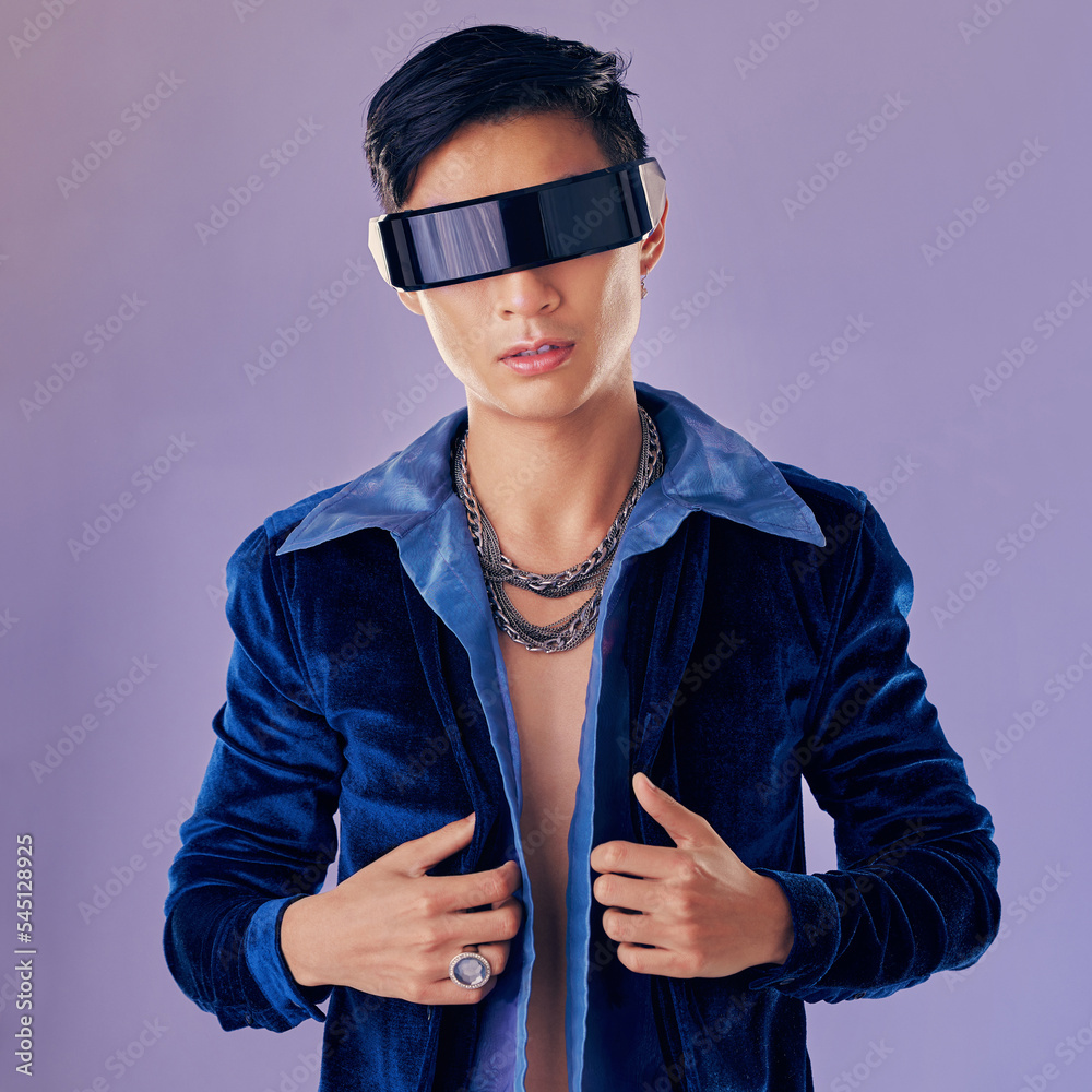 Asian, man and vr with future glasses in studio for aesthetic, jewelry ...