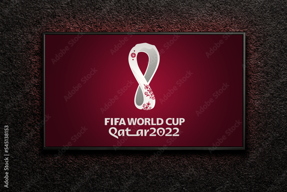 FIFA World Cup Qatar 2022 logo on tv screen. Moscow, Russia - November ...