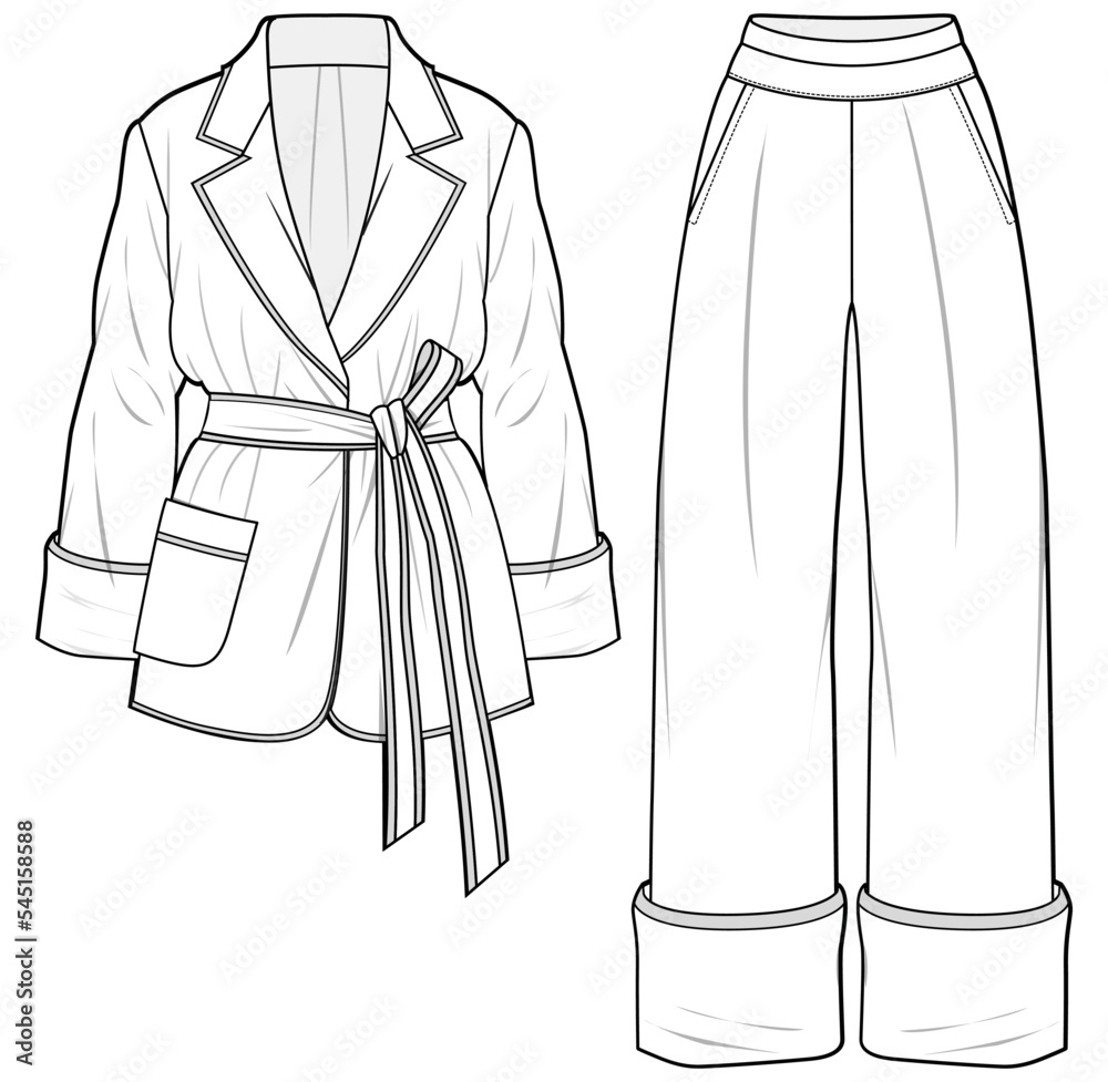 womens pyjama suit flat sketch vector illustration technical cad ...