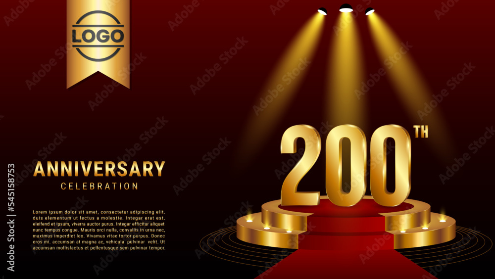 200th Anniversary. Template design with golden stage for celebration ...