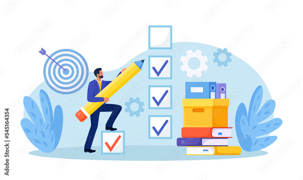 Businessman ticked checkbox after completing responsible project ...