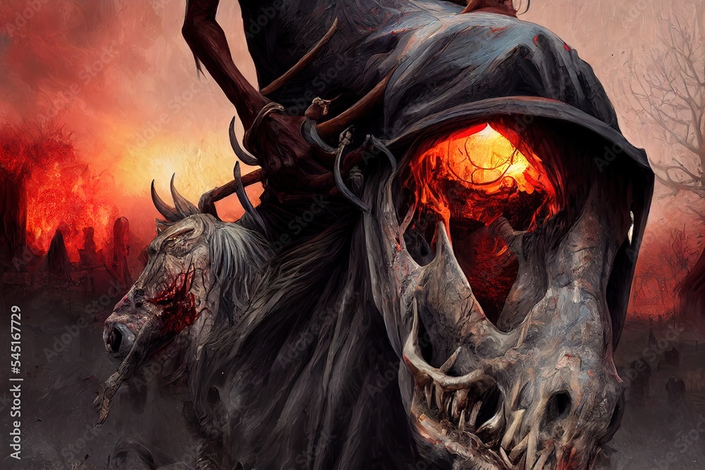 Undead voodoo zombie riding a horse with a burning village behind her ...