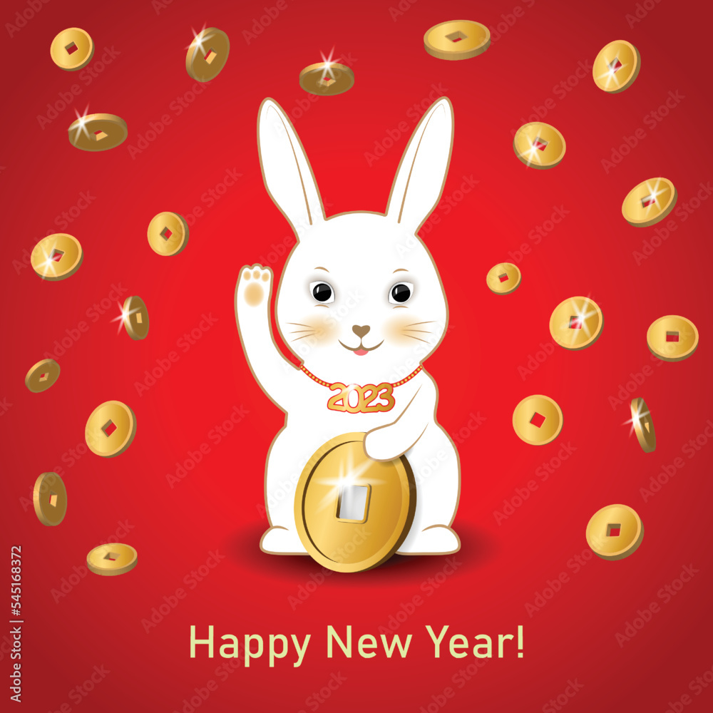 Rabbit in the style of a "lucky cat" with a coin that brings good luck ...