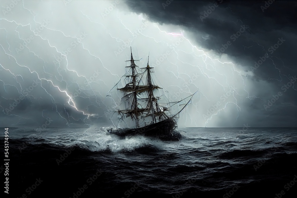 Vintage, old sailing ship lost in the ocean in a rainy, stormy night ...