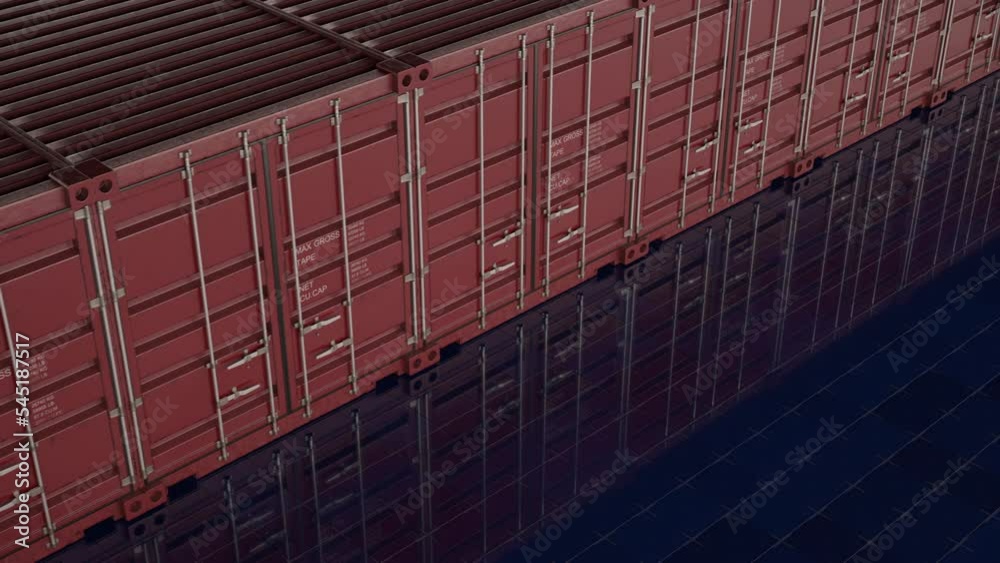 A row of cargo shipping containers on stylized blue tiles. The camera ...