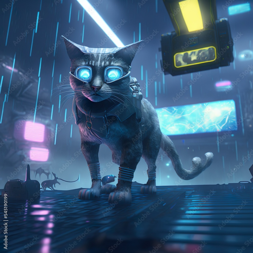fantasy futuristic cyber cat in cyberpunk style. cat looks like a mix ...