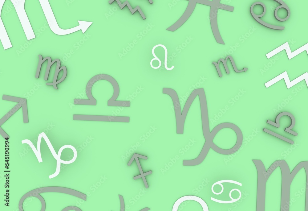 zodiac signs are gray on a green background. Horoscope concept, top ...