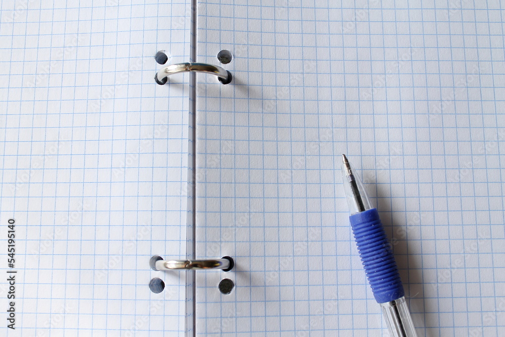 an open notebook, checkered sheets, a spring-loaded notebook, a pen for ...