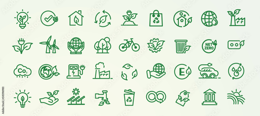 ecological environmental icon set 36 pcs esg, net zero, co2 eco green ...