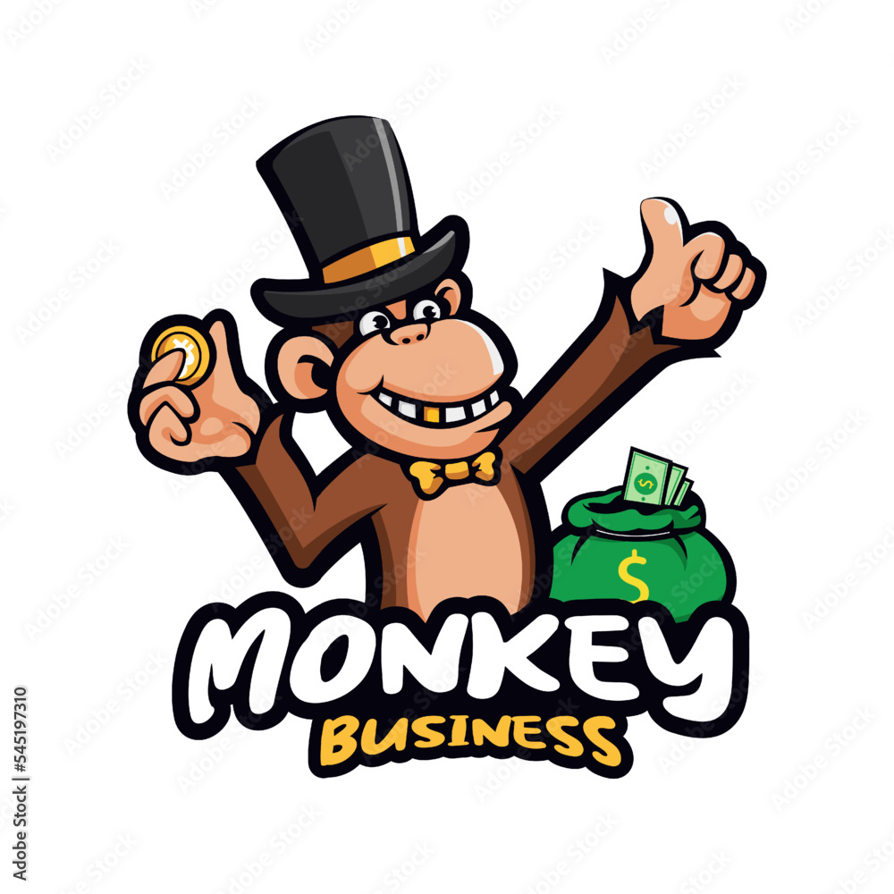 Vetor de Monkey cartoon mascot logo. Monkey with money bag vector ...