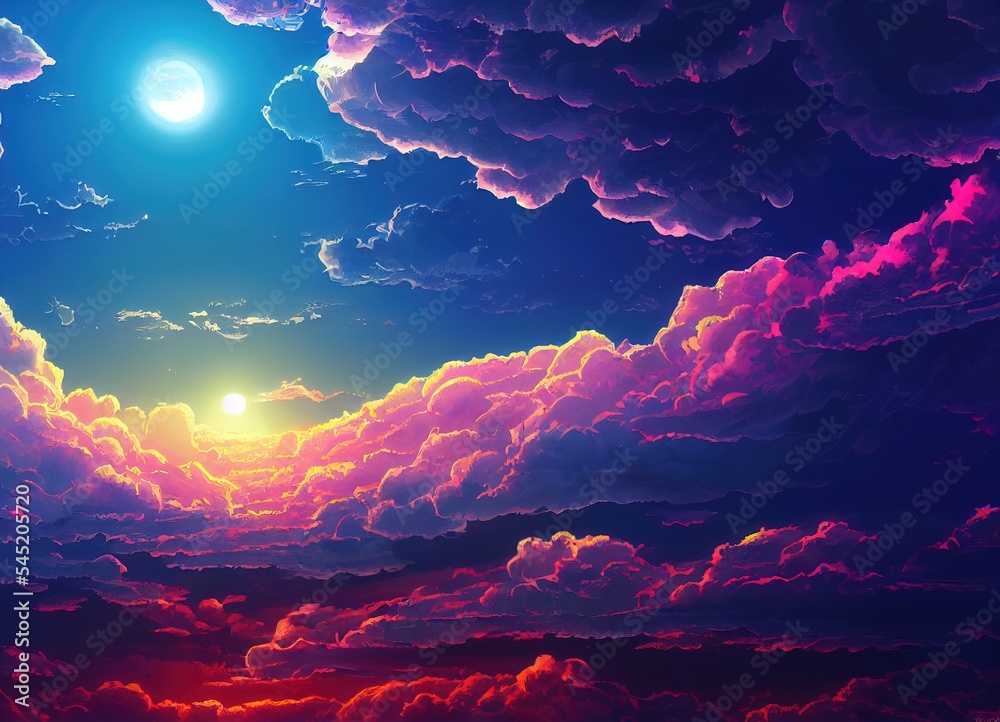 Illustration of Dramatic Cloudy Sky in Anime style. Bright Clouds ...