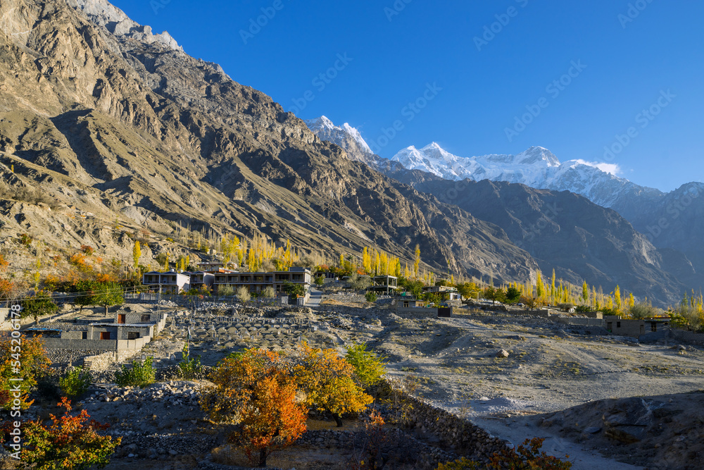Autumn view of Hunza valley with Mount Rakaposhi (7,788m) - a mountain ...