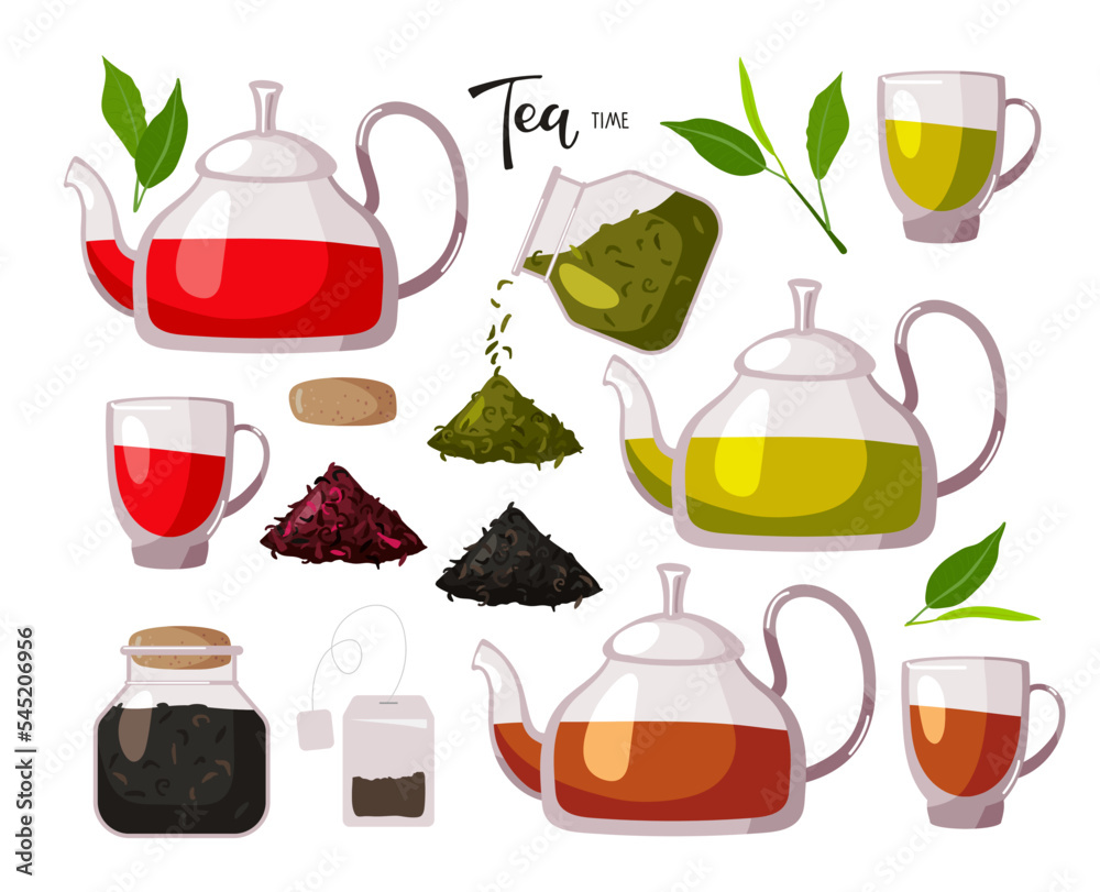 Different teas collection, Green, black, red tea. Glass cups and ...