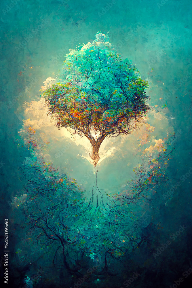 old big green tree with roots, on dry land, tree of earth and life ...