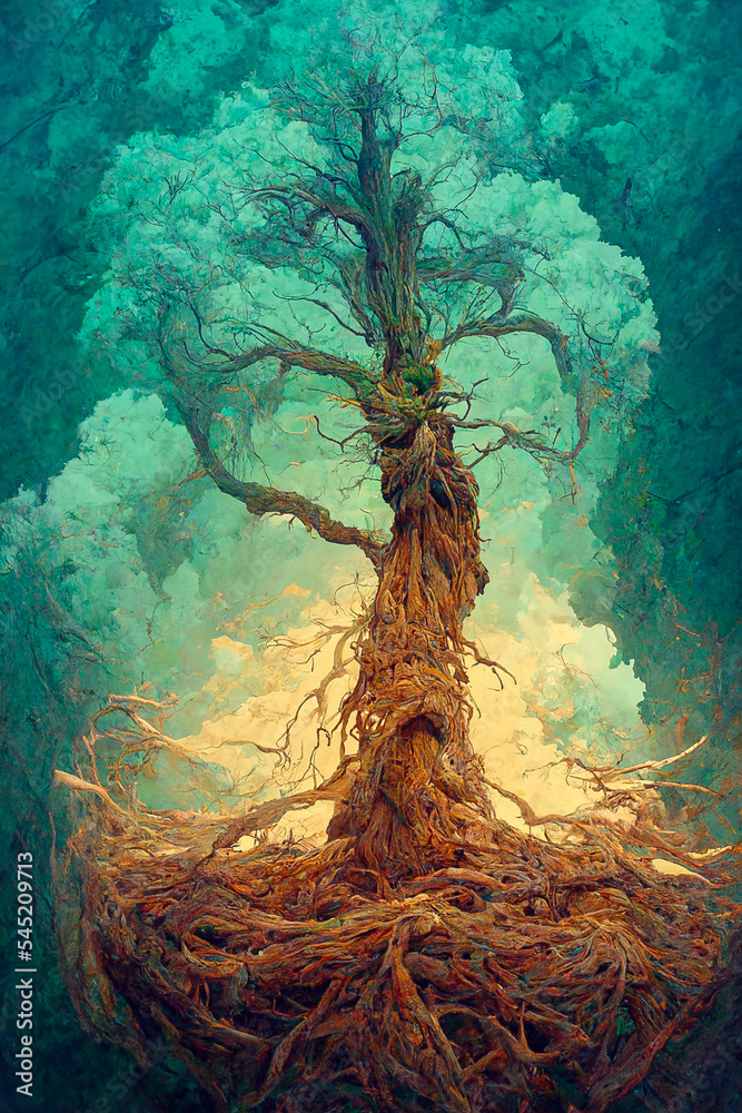 old big green tree with roots, on dry land, tree of earth and life ...