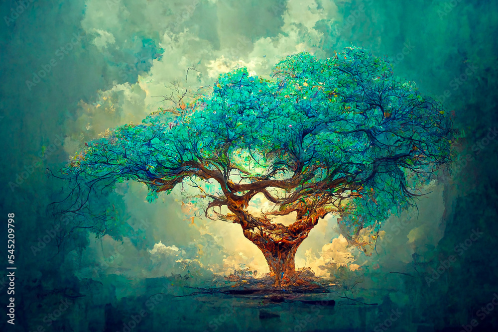 old big green tree with roots, on dry land, tree of earth and life ...