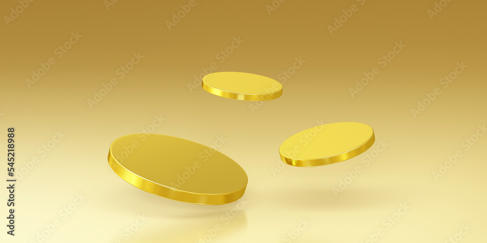 Three gold discs floating in the air on a yellow-gold background ...