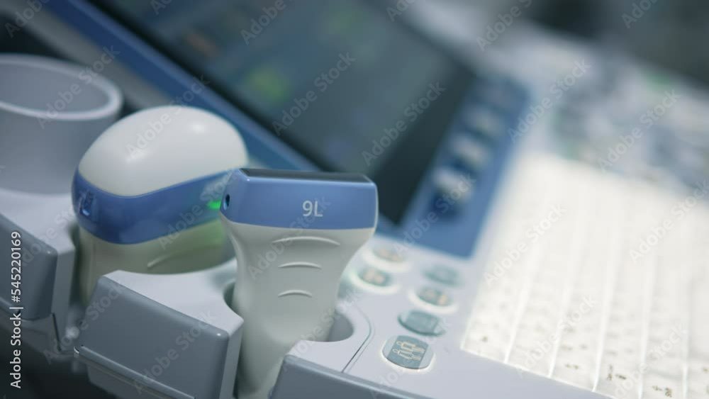 Various transducers on the sonography machine. Close up. System control ...