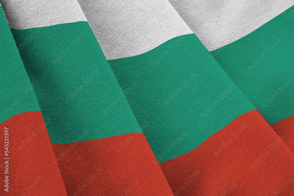 Bulgaria flag with big folds waving close up under the studio light ...