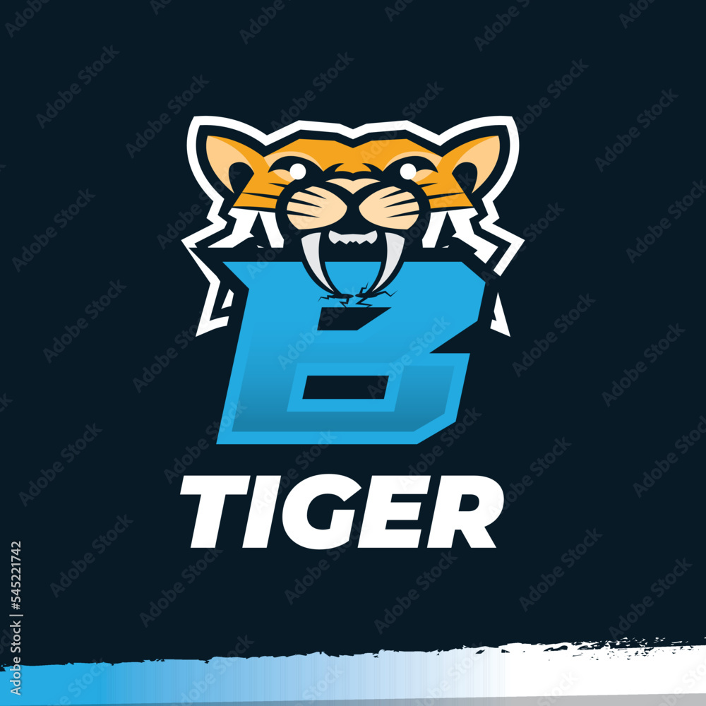Tiger mascot sport logo, letter B logo design, Tiger animal mascot head ...