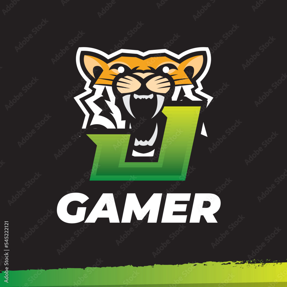 Tiger mascot sport logo, letter J logo design, Tiger animal mascot head ...
