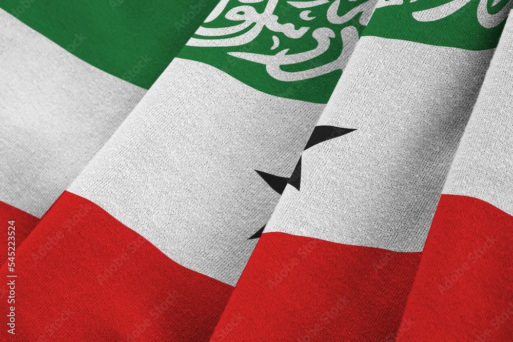 Somaliland flag with big folds waving close up under the studio light ...