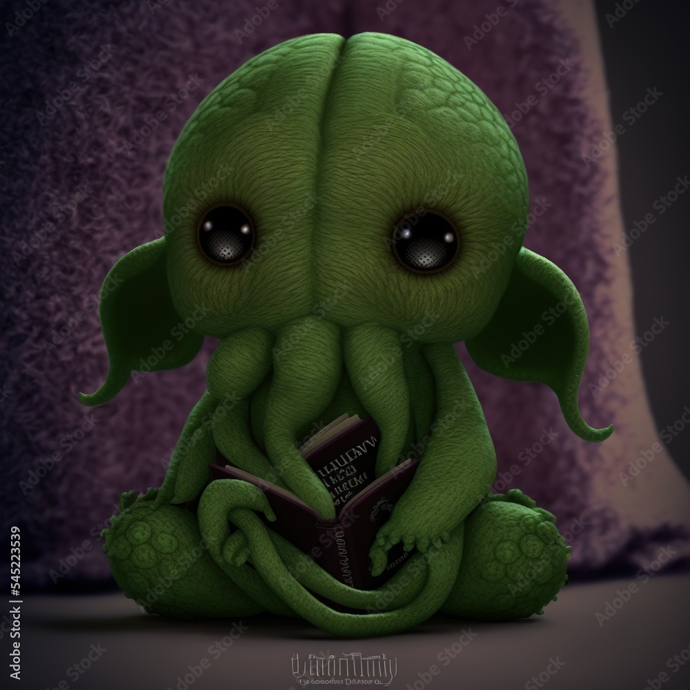 Cute Cthulhu plush holding a Necronomicon book, 3D rendered, made by ...