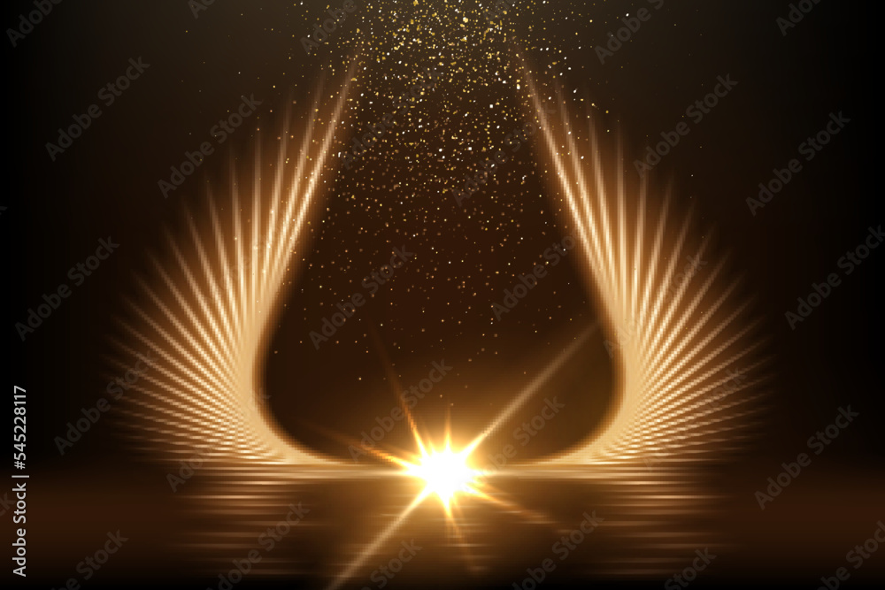 Gold light wings with star glowing on black background. Yellow bright ...