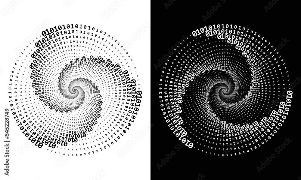 Abstract digits ONE and ZERO in spiral over black and white background ...