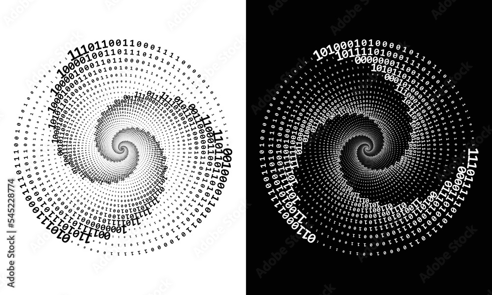 Abstract numbers one and zero in a spiral over a black and white ...