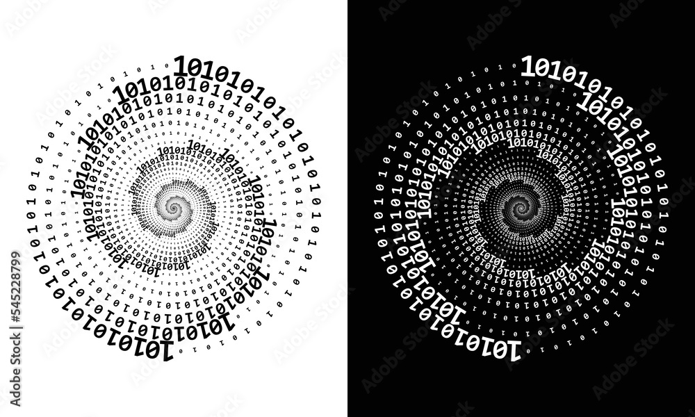 Abstract digits ONE and ZERO in spiral over black and white background ...